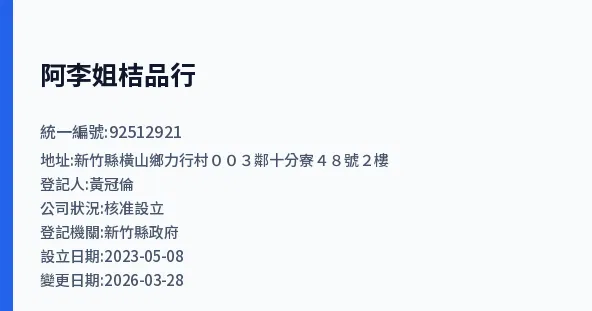 阿李姐桔品行的照片-統編 92512921(新竹縣) 公司登記資料與營業項目詳細圖表