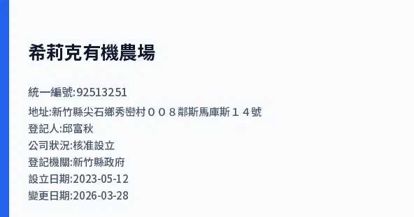 希莉克有機農場的照片-統編 92513251(新竹縣) 公司登記資料與營業項目詳細圖表