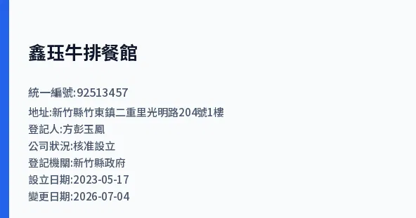 鑫珏牛排餐館的照片-統編 92513457(新竹縣) 公司登記資料與營業項目詳細圖表
