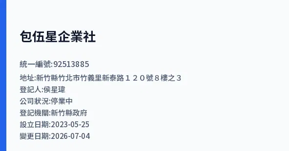 包伍星企業社的照片-統編 92513885(新竹縣) 公司登記資料與營業項目詳細圖表