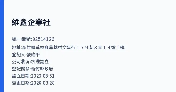 維鑫企業社的照片-統編 92514126(新竹縣) 公司登記資料與營業項目詳細圖表