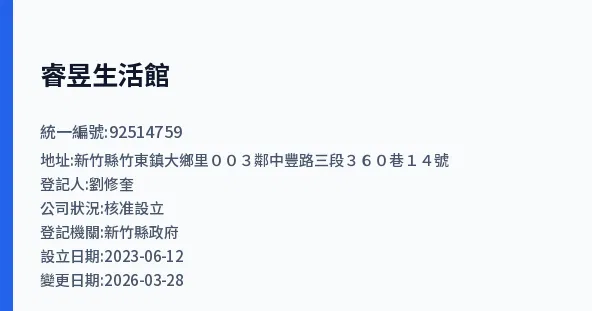 睿昱生活館的照片-統編 92514759(新竹縣) 公司登記資料與營業項目詳細圖表