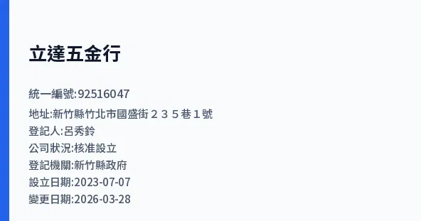 立達五金行的照片-統編 92516047(新竹縣) 公司登記資料與營業項目詳細圖表