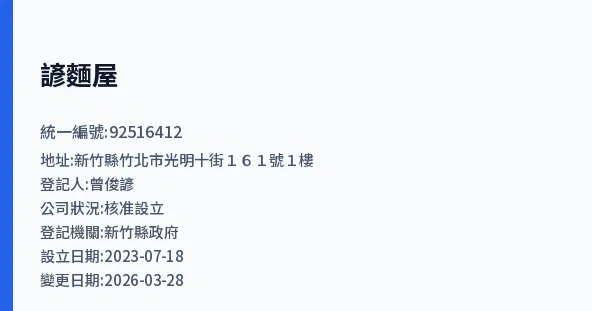 諺麵屋的照片-統編 92516412(新竹縣) 公司登記資料與營業項目詳細圖表