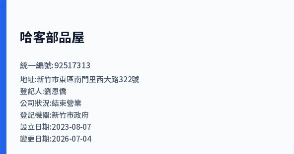 哈客部品屋的照片-統編 92517313(新竹市) 公司登記資料與營業項目詳細圖表
