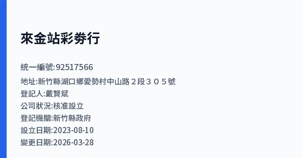 來金站彩劵行的照片-統編 92517566(新竹縣) 公司登記資料與營業項目詳細圖表