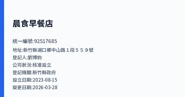 晨食早餐店的照片-統編 92517685(新竹縣) 公司登記資料與營業項目詳細圖表