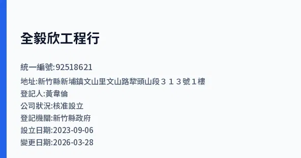 全毅欣工程行的照片-統編 92518621(新竹縣) 公司登記資料與營業項目詳細圖表