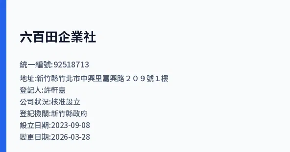 六百田企業社的照片-統編 92518713(新竹縣) 公司登記資料與營業項目詳細圖表