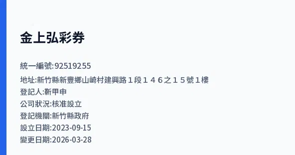 金上弘彩券的照片-統編 92519255(新竹縣) 公司登記資料與營業項目詳細圖表