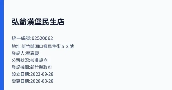 弘爺漢堡民生店的照片-統編 92520062(新竹縣) 公司登記資料與營業項目詳細圖表