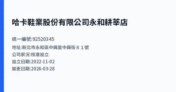 哈卡鞋業股份有限公司永和耕莘店的照片-統編 92520345(新北市) 公司登記資料與營業項目詳細圖表
