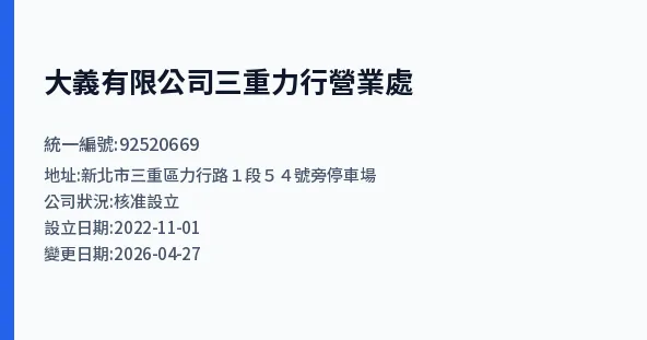大義有限公司三重力行營業處的照片-統編 92520669(新北市) 公司登記資料與營業項目詳細圖表