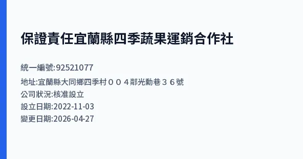 保證責任宜蘭縣四季蔬果運銷合作社的照片-統編 92521077(宜蘭縣) 公司登記資料與營業項目詳細圖表