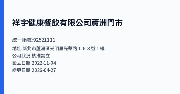祥宇健康餐飲有限公司蘆洲門市的照片-統編 92521111(新北市) 公司登記資料與營業項目詳細圖表