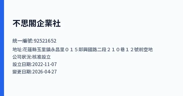 不思閣企業社的照片-統編 92521652(花蓮縣) 公司登記資料與營業項目詳細圖表