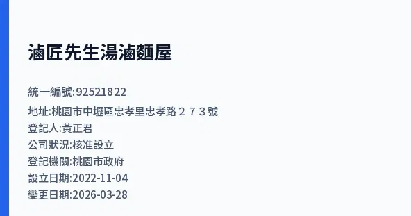 滷匠先生湯滷麵屋的照片-統編 92521822(桃園市) 公司登記資料與營業項目詳細圖表