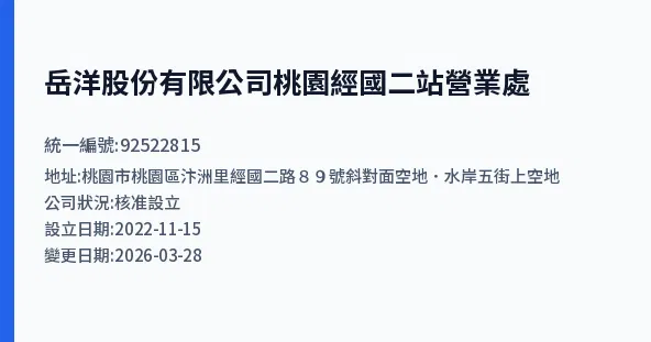 岳洋股份有限公司桃園經國二站營業處的照片-統編 92522815(桃園市) 公司登記資料與營業項目詳細圖表