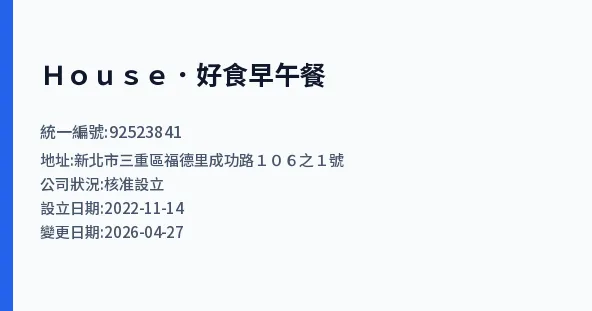 House.好食早午餐的照片-統編 92523841(新北市) 公司登記資料與營業項目詳細圖表
