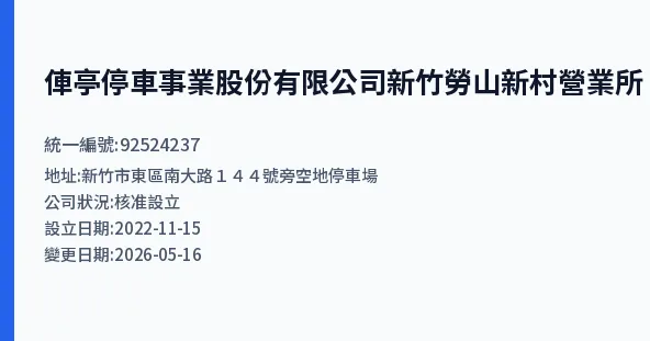 俥亭停車事業股份有限公司新竹勞山新村營業所的照片-統編 92524237(新竹市) 公司登記資料與營業項目詳細圖表