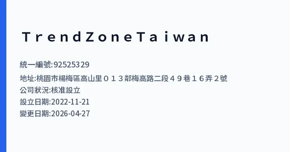 Trend Zone Taiwan的照片-統編 92525329(桃園市) 公司登記資料與營業項目詳細圖表