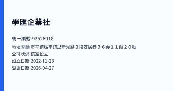 學匯企業社的照片-統編 92526018(桃園市) 公司登記資料與營業項目詳細圖表