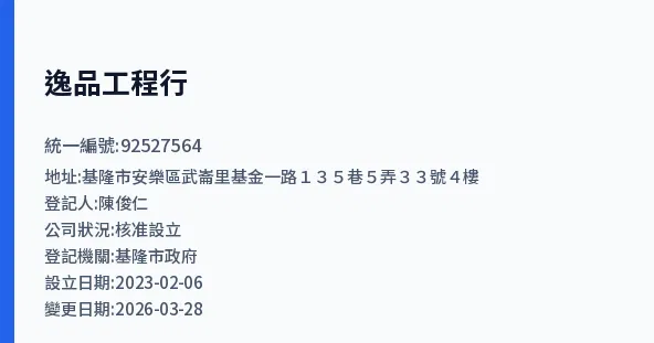 逸品工程行的照片-統編 92527564(基隆市) 公司登記資料與營業項目詳細圖表