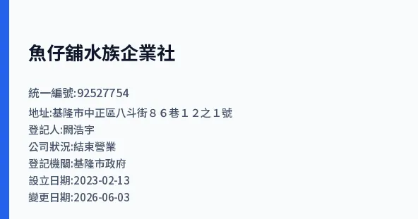 魚仔舖水族企業社的照片-統編 92527754(基隆市) 公司登記資料與營業項目詳細圖表