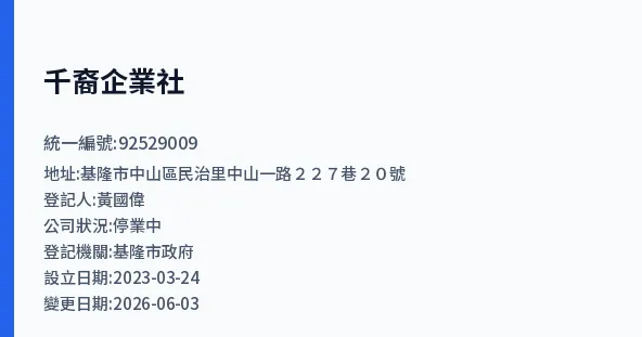 千裔企業社的照片-統編 92529009(基隆市) 公司登記資料與營業項目詳細圖表