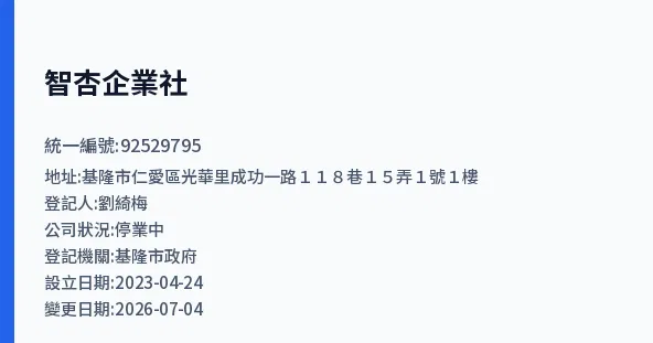 智杏企業社的照片-統編 92529795(基隆市) 公司登記資料與營業項目詳細圖表