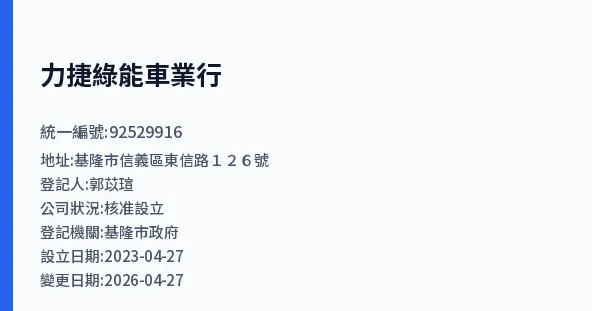 力捷綠能車業行的照片-統編 92529916(基隆市) 公司登記資料與營業項目詳細圖表
