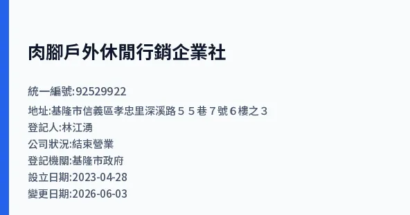 肉腳戶外休閒行銷企業社的照片-統編 92529922(基隆市) 公司登記資料與營業項目詳細圖表