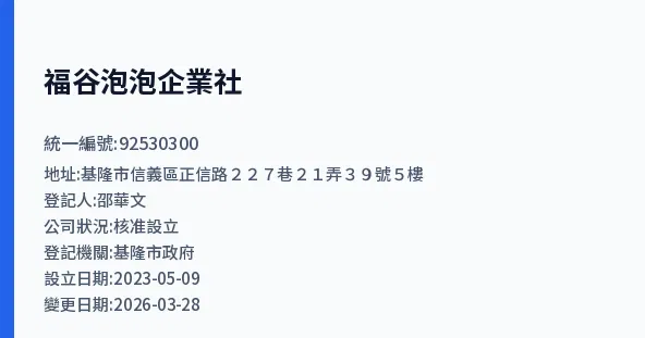 福谷泡泡企業社的照片-統編 92530300(基隆市) 公司登記資料與營業項目詳細圖表