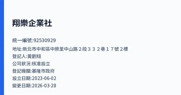 翔樂企業社的照片-統編 92530929(新北市) 公司登記資料與營業項目詳細圖表