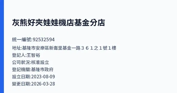 灰熊好夾娃娃機店基金分店的照片-統編 92532594(基隆市) 公司登記資料與營業項目詳細圖表