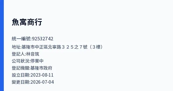魚寓商行的照片-統編 92532742(基隆市) 公司登記資料與營業項目詳細圖表