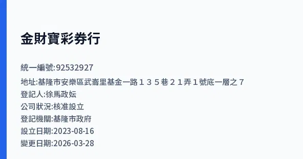 金財寶彩券行的照片-統編 92532927(基隆市) 公司登記資料與營業項目詳細圖表