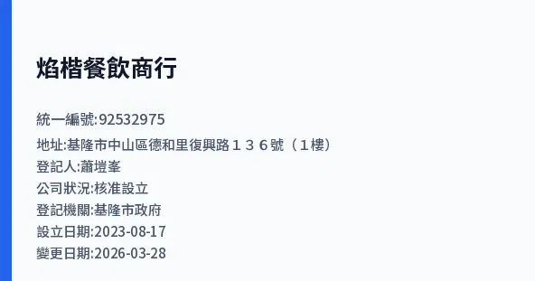 焰楷餐飲商行的照片-統編 92532975(基隆市) 公司登記資料與營業項目詳細圖表