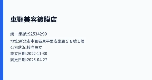 車豔美容鍍膜店的照片-統編 92534299(新北市) 公司登記資料與營業項目詳細圖表