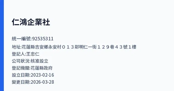 仁鴻企業社的照片-統編 92535311(花蓮縣) 公司登記資料與營業項目詳細圖表