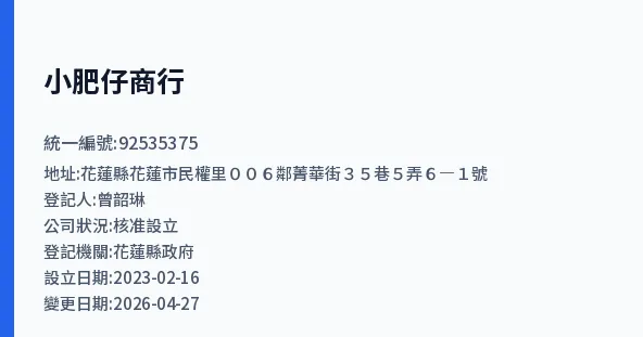 小肥仔商行的照片-統編 92535375(花蓮縣) 公司登記資料與營業項目詳細圖表