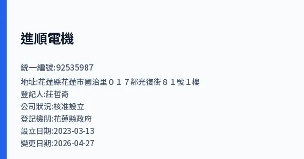 進順電機的照片-統編 92535987(花蓮縣) 公司登記資料與營業項目詳細圖表