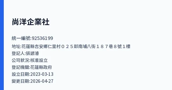 尚洋企業社的照片-統編 92536199(花蓮縣) 公司登記資料與營業項目詳細圖表