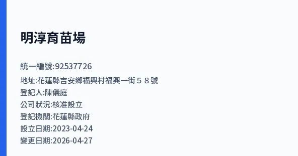 明淳育苗場的照片-統編 92537726(花蓮縣) 公司登記資料與營業項目詳細圖表