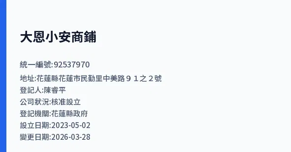 大恩小安商鋪的照片-統編 92537970(花蓮縣) 公司登記資料與營業項目詳細圖表
