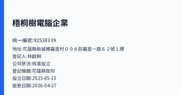 梧桐樹電腦企業的照片-統編 92538339(花蓮縣) 公司登記資料與營業項目詳細圖表