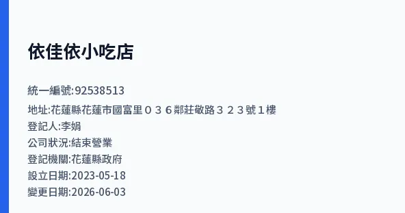 依佳依小吃店的照片-統編 92538513(花蓮縣) 公司登記資料與營業項目詳細圖表