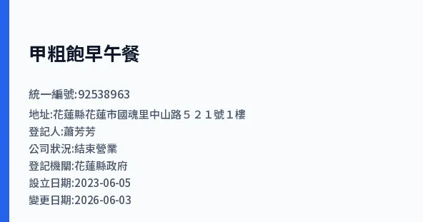 甲粗飽早午餐的照片-統編 92538963(花蓮縣) 公司登記資料與營業項目詳細圖表