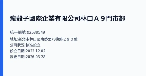 瘋殼子國際企業有限公司林口A9門市部的照片-統編 92539549(新北市) 公司登記資料與營業項目詳細圖表