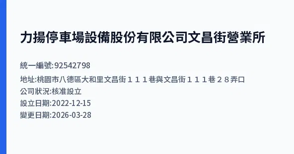力揚停車場設備股份有限公司文昌街營業所的照片-統編 92542798(桃園市) 公司登記資料與營業項目詳細圖表